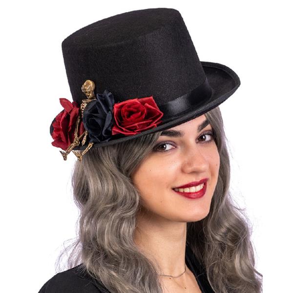 Cartola Luxuosa Preta em Feltro com Esqueleto e Rosas | Misterius.pt